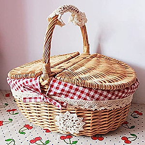 Gazechimp Handwoven Wicker Picnic Basket with Lid and Handle Rattan Storage Serving Basket Wicker Storage Hamper for Outdoor Beach Camping Hiking