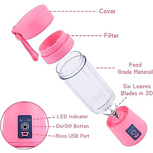 Portable Blenders,Personal Size Blender Smoothies and Shakes, USB Rchargeable Juicer Cup with Six Blades in Handheld Blender Sports,Travel and Home (Pink)
