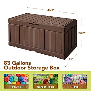 GUNJI 83 Gallon Storage Box Outdoor Waterproof Large Resin Deck Box Patio Storage Bench Lockable Storage Container for Outdoor Cushions, Garden Tools and Pool Supplies (Brown)