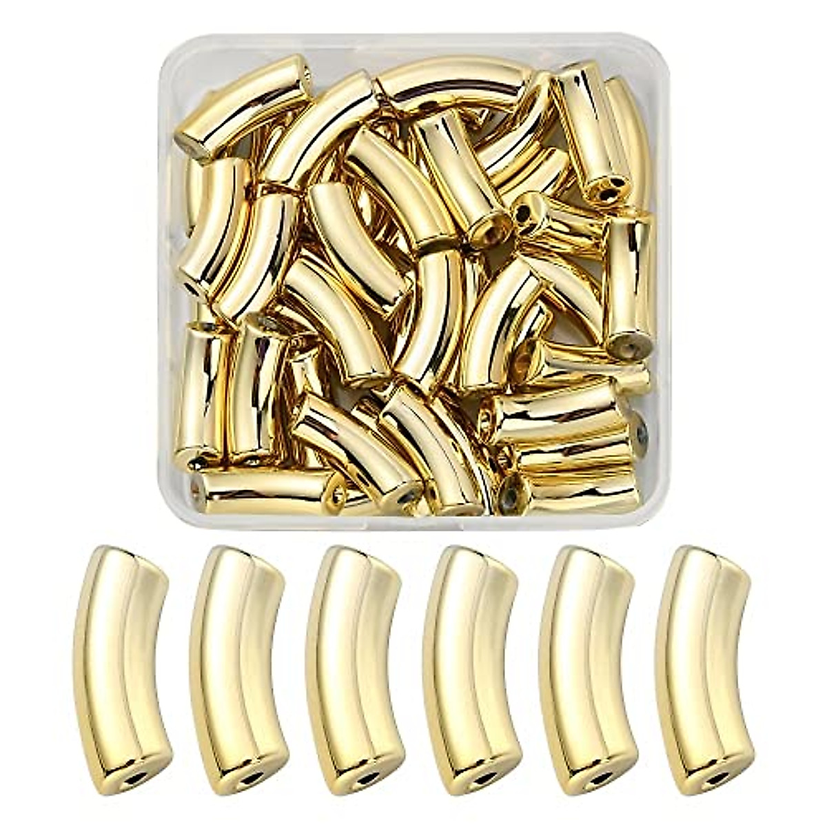 LiQunSweet 50 Pcs Golden Acrylic Noodles Beads Long Curved Tube Bead Spacers for DIY Bracelet Anklet Necklace Jewelry Making - 34mm
