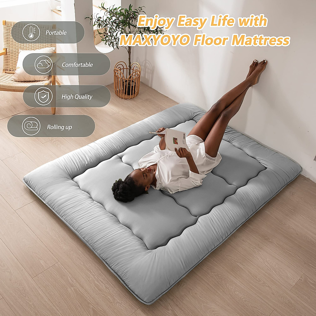 MAXYOYO Japanese Floor Mattress Futon Mattress, Thicken Daybed Futon Roll Up Guest Mattress Thicken Sleeping Pad Foldable Tatami Mat Floor Lounger Bed Couches and Sofas, Grey, Queen