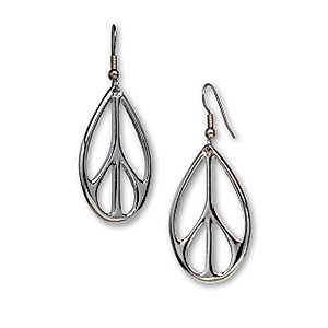 Oval Hippie Peace Sign Dangle Earrings Silver Finish Pewter