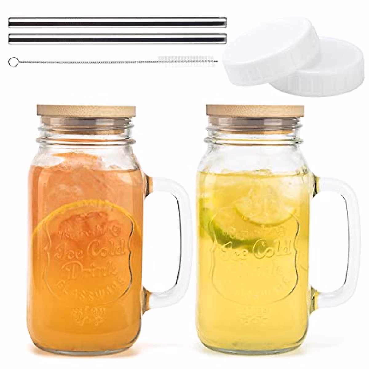Mason Jar 24OZ Mason Jar with Lid and Straw Regular Mason Jar Lids Set Of 2 Mason Jar Cups with Handles Reusable Boba Cups Travel Bottle for Iced Coffee Large Pearl Juice Cocktail Smoothie (2, 24OZ)