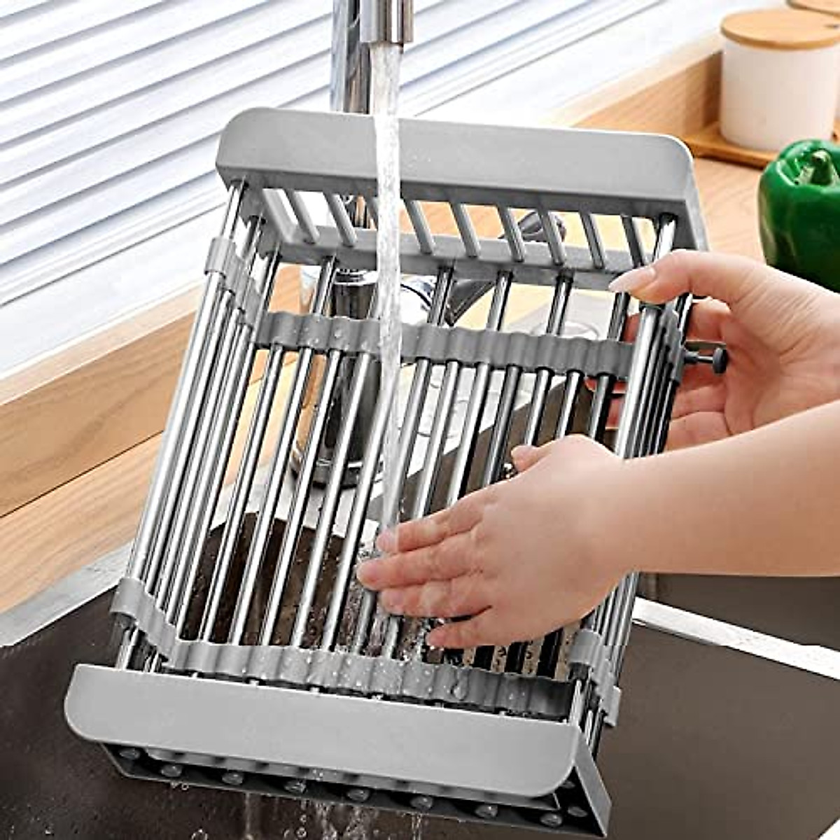 EJIE Expandable Sink Drying Rack, Dish Drying Rack Over The Sink, Kitchen Sink Drain Basket, Adjustable Expandable Stainless Dish Drying Rack, Gray