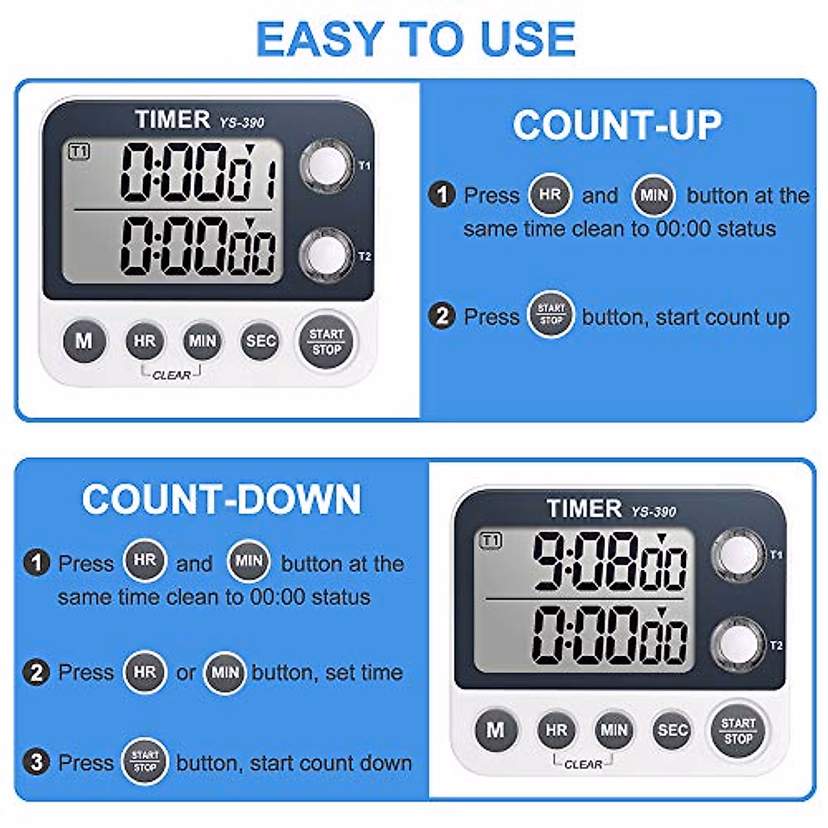 HomeMall Digital Dual Kitchen Timer, Cooking Timer, Dual Count Up ＆ Down Timer with Magnetic Back, Large Display, Adjustable Volume and Flashing Alarm Light, ON/Off Switch Stopwatch, Battery Included