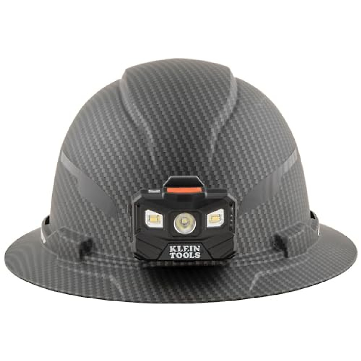Klein Tools 60346 Hard Hat, Non-Vented Full Brim, Class E, Premium KARBN Pattern, Rechargeable Lamp, Padded Sweat-Wicking Sweatband, Top Pad Large