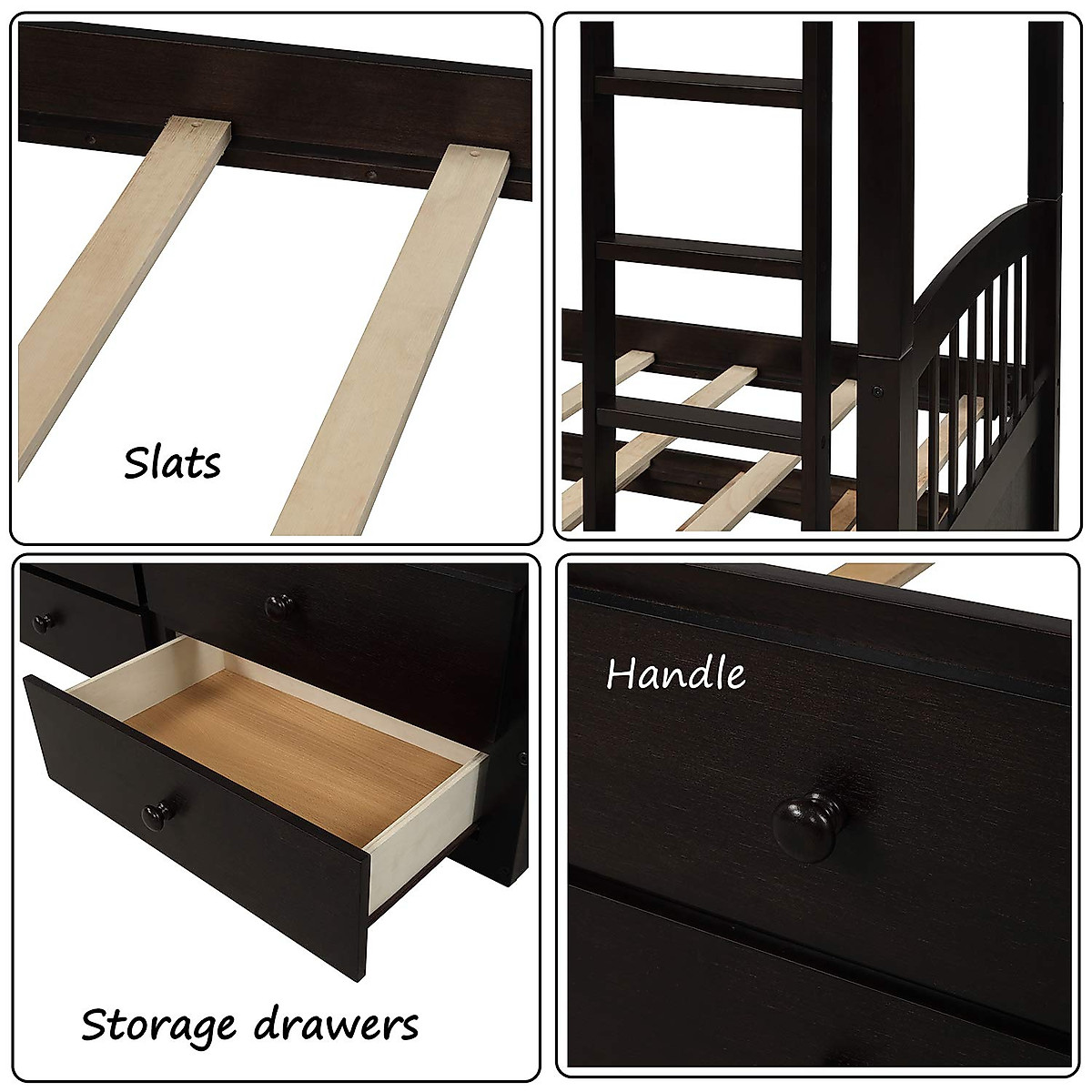 P PURLOVE Twin Over Twin Bunk Bed with Ladder, Wood Bunk Bed Frame with Wooden Slat Support, No Box Spring Needed (Espresso)