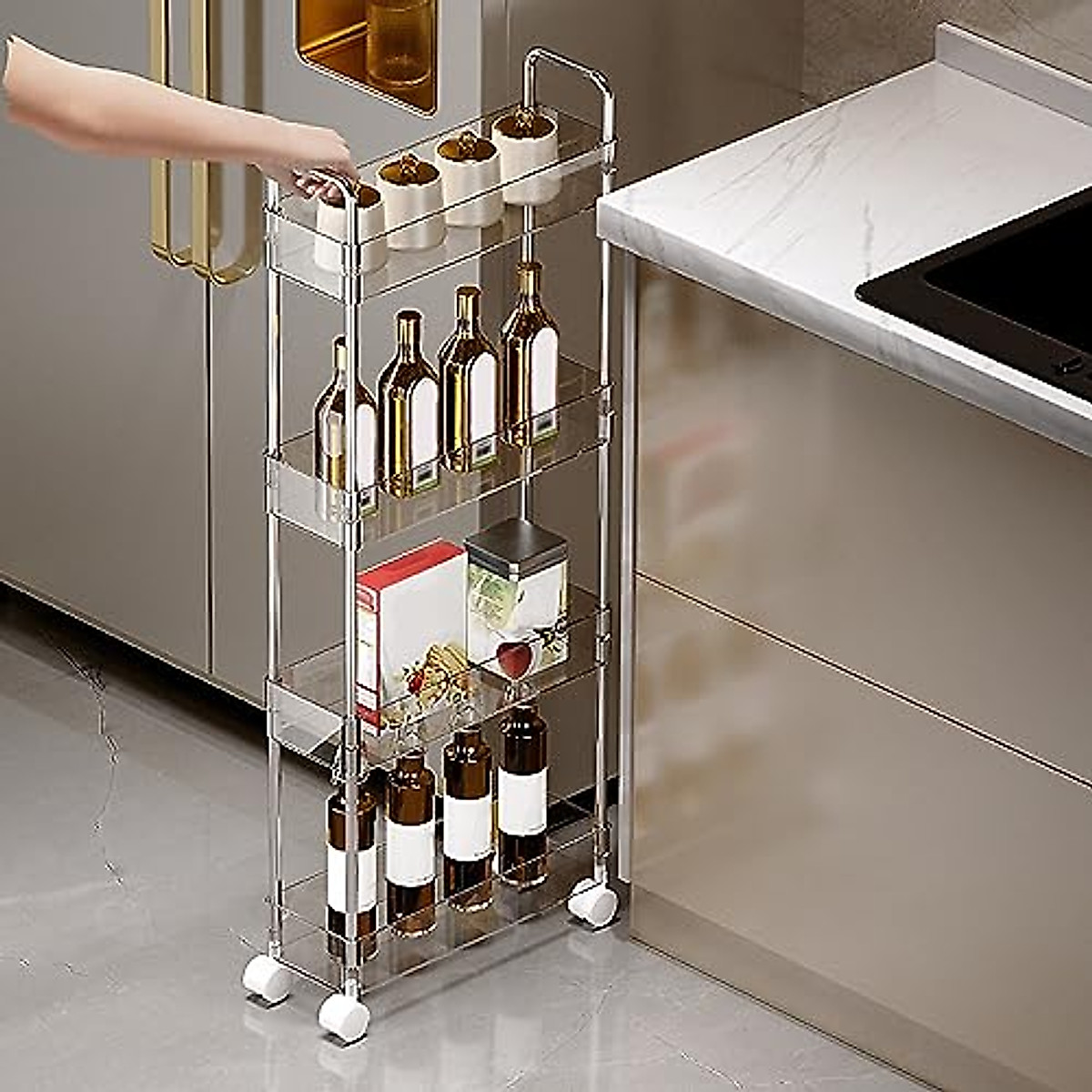 Meideli Storage Cabinet Rolling Cart Clear Bathroom Organizer Cart Storage Shelf Multi Layers Large Capacity Moveable Laundry Room Kitchen Organization Rack (Triple Layer, Atrovirens)