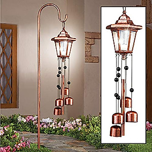 Collections Etc Solar Copper-Colored Lantern on Shepherd's Hook with Bells Wind Chime, Beautiful Light for Entryway or Pathway