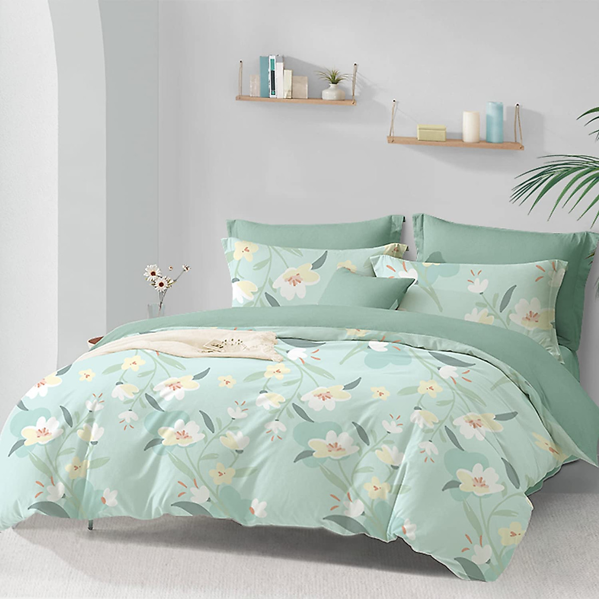 SAPHREAS Green Bedding Comforter Cover Set with Fitted Sheet 4pcs King Size 100% Cotton Classic White Flower Comforter Cover Set 1 Duvet Cover 2 Pillow Shams 1 Fitted Sheet