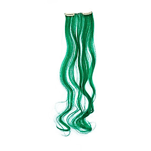 SWACC 7 Pcs Full Head Party Highlights Clip on in Hair Extensions Colored Hair Streak Synthetic Hairpieces (20-Inch Curly, Green)