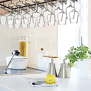 Xverycan Wine Glass Rack Under Cabinet, 8 Row Extreme Large Stemware Hanger, Metal Wine Glass Holder, DIY Bar Glass Storage Rack for Bar Counter, Kitchen, Screws Included (Black)