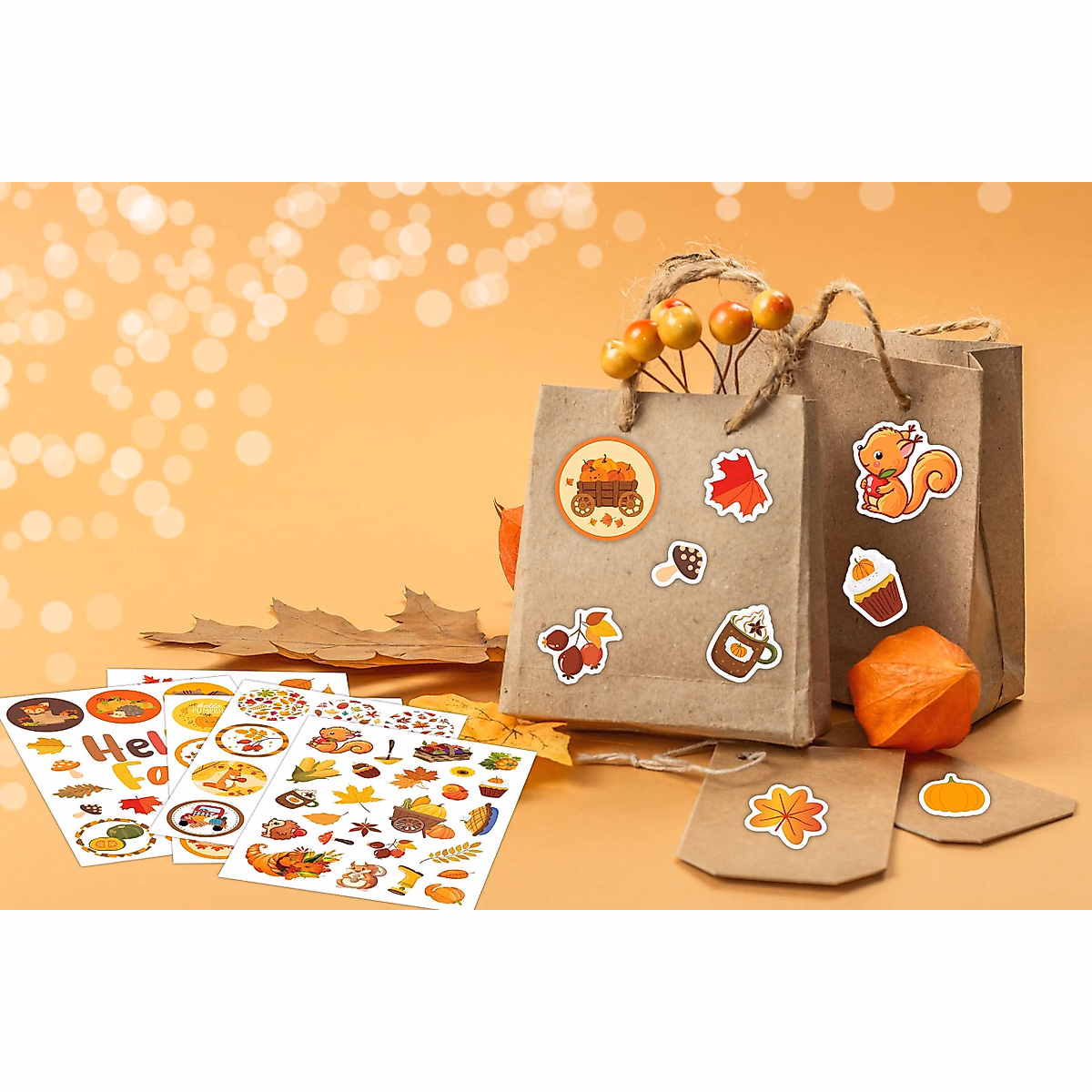 MISS FANTASY Fall Stickers Hello Fall Stickers for Kids Autumn Bulk Thanksgiving Pumpkin Stickers Maple Leaves Stickers for Cards/Envelopes/Gift Autumn Stickers for Fall Thanksgiving Party Supplies