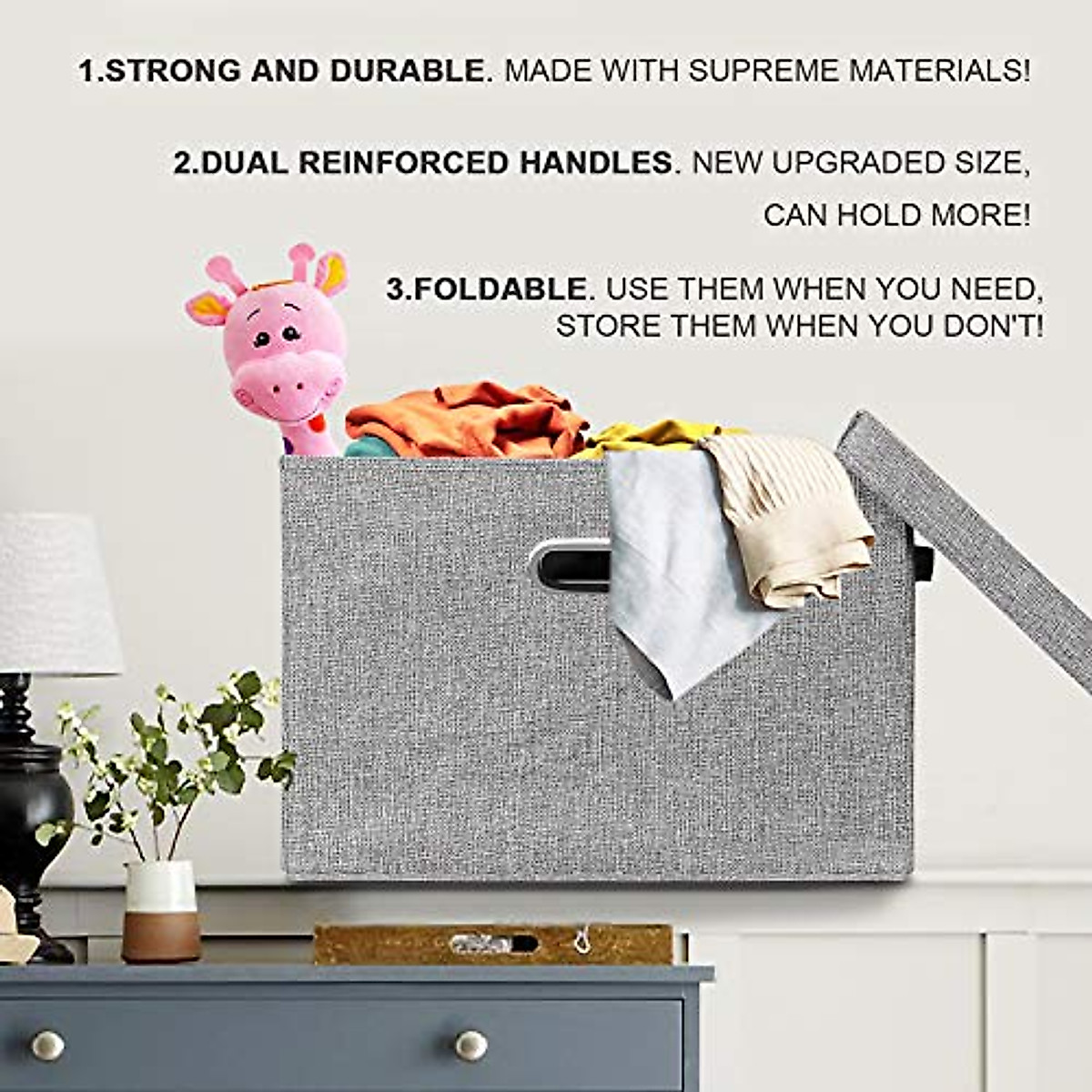 Storage Bins with Lids, Collapsible Linen Fabric Storage Box, Clothes Toy Organizer, Cubes Basket Containers with Cover for Cabinet Bookcase Boxes Home Bedroom(Gray, Large(17.7x11.8x11.8inch))