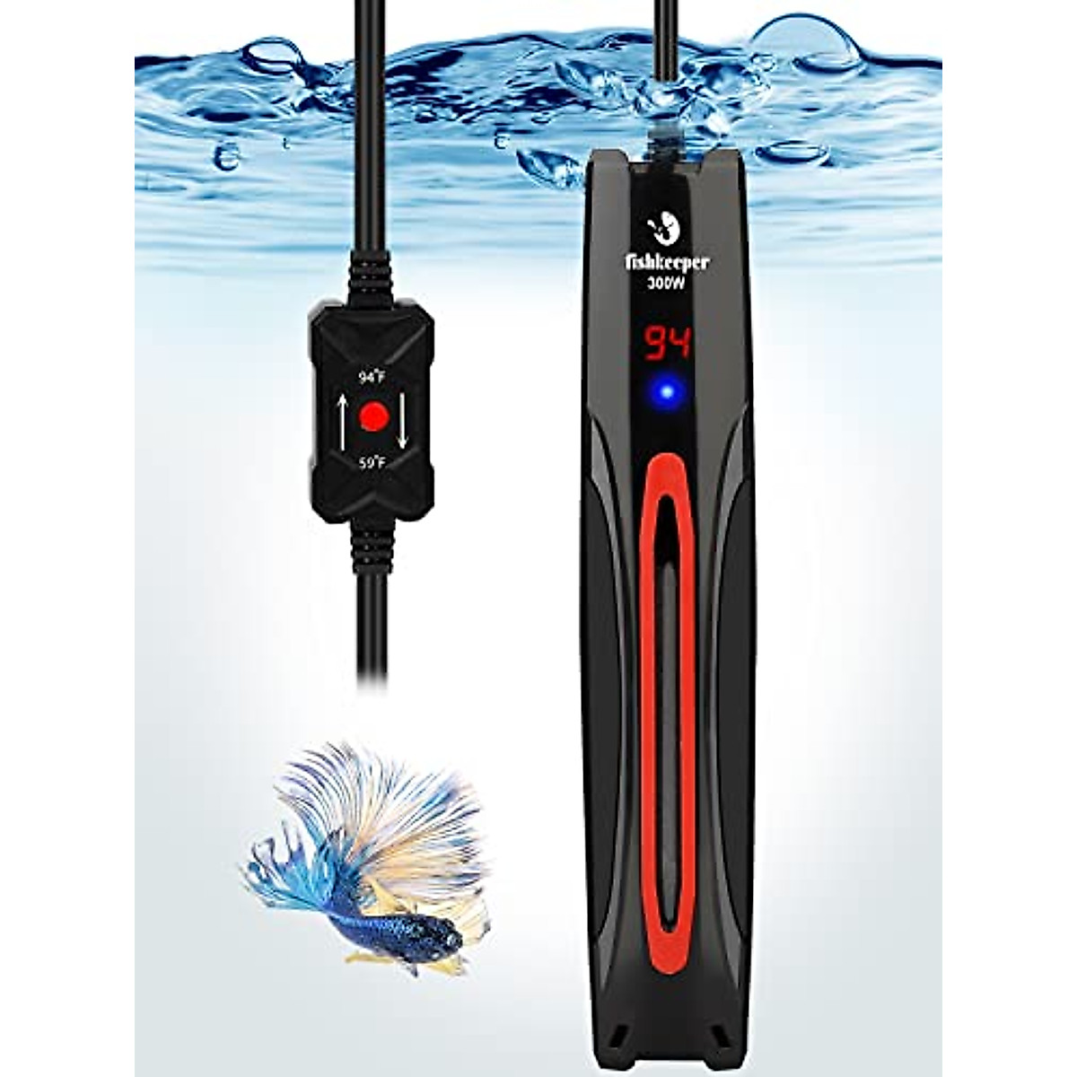 fishkeeper Ultra-Safe Intelligent Submersible Aquarium Heater 300W/500W/800W Electronic Precision Thermostat Fish Tank Heater with Run-Dry and Overheat Protection for 40~220 Gallon Fish Tank