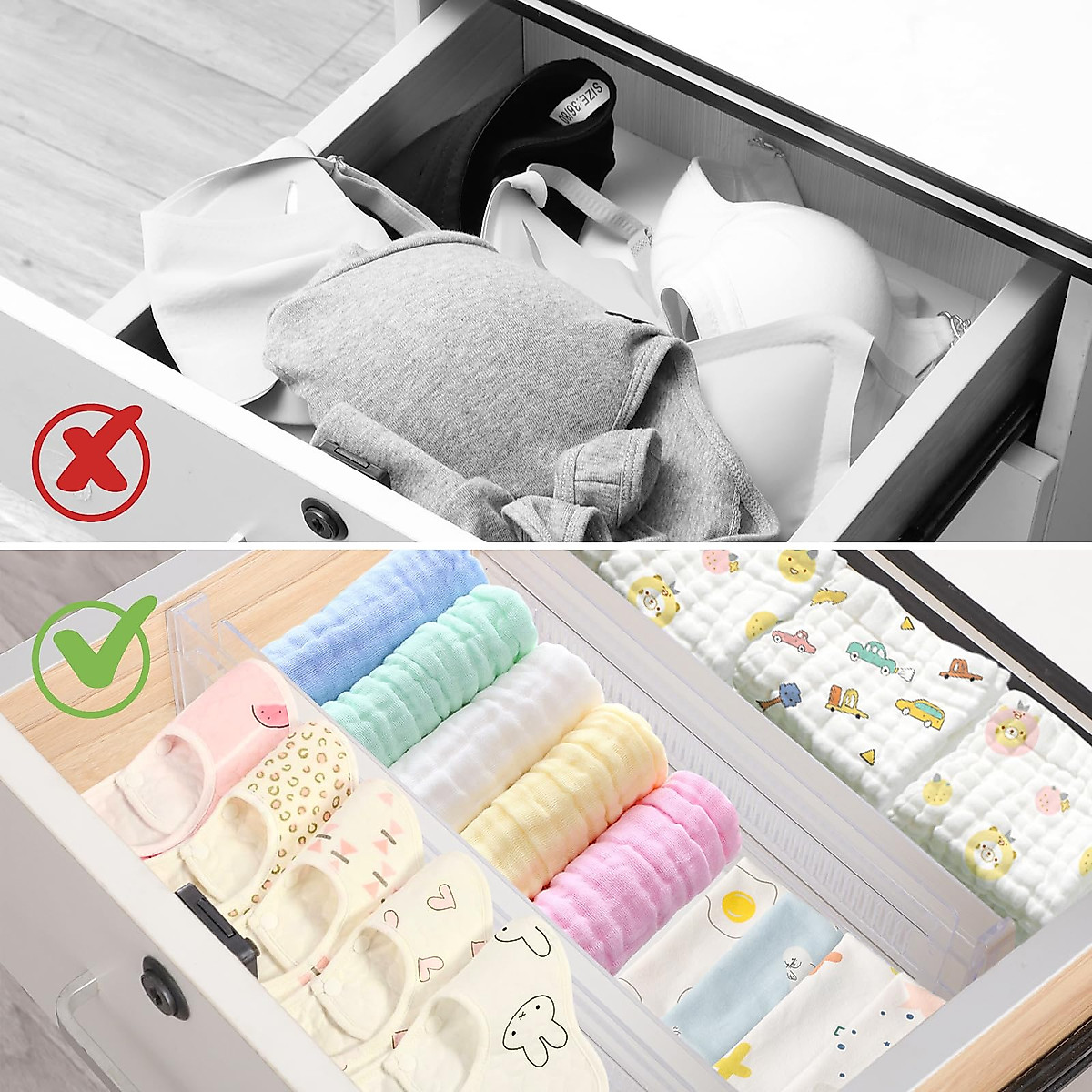 Drawer Dividers, 6 Pack Adjustable Drawer Organizers 3.2" High Expandable from 11.3-20" Clear Expandable Dresser Organizer for Clothes Kitchen Utensils Cutlery Drawer Organizers Set