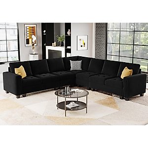 Belffin Modular Velvet Sectional L Shape Sofa Couch Oversized Convertible Sectional Sofa Couch with Reversible Chaise for Living Room Black