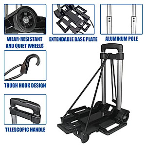APOXCON Folding Hand Truck, 120 lbs Capacity Luggage Cart with 2 Wheels & Adjustable Handle, Foldable Trolley Aluminum Lightweight
