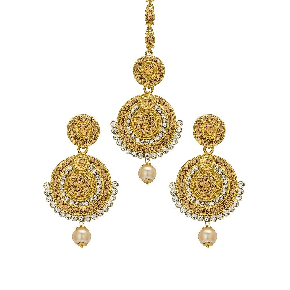 Bindhani Round Golden Mix White Stone Round Earrings & Indian Maang Tikka For Women