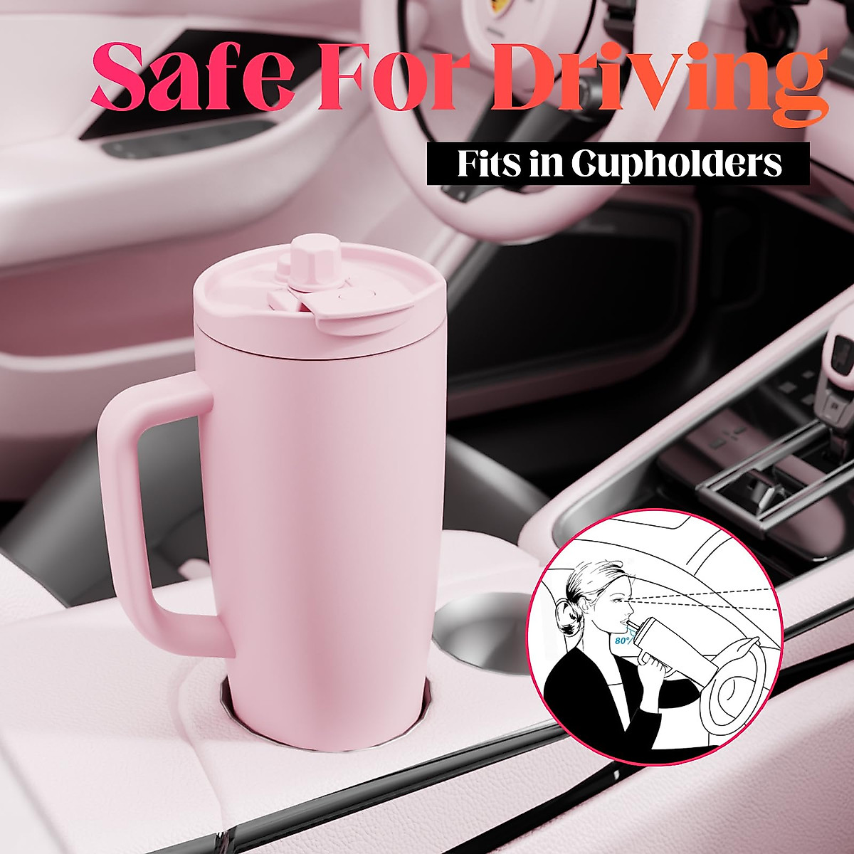 FOHGEE 40oz Tumbler with Handle and Straw Lid【Magnetic lid + Removable built-in straw】100% Leak-proof Travel Coffee Mug, Stainless Steel Insulated Cup, Keeps Cold for 24Hrs (ChillWave Pink Dream)