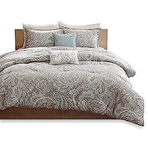 Madison Park Pure Ronan Cotton Comforter Set - Casual Paisley Design, All Season Alternative Down Cozy Bedding, Matching Shams, Decorative Pillows, Blue King/Cal King(104"x92") 5 Piece