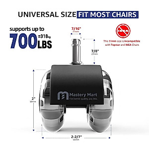 Mastery Mart Office Chair Caster Wheels for Hardwood Floors, Heavy Duty and Quiet Smooth Rollerblade Wheels for Office Chair, Universal Size (11x22mm), Suitable for Most Chairs