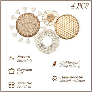 Set of 4 Boho Wall Basket Decor Boho Wall Hanging Decor Rattan Macrame Decor Flat Round Wicker Woven Macrame Tassels Tapestry Bamboo Wall Basket Handmade Serving Tray Art for Room Bedroom Living Room