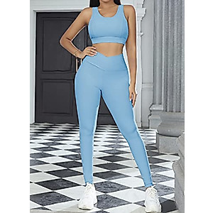 LAOARA Workout Sets for Women Ribbed Seamless Tank Crop Top and High Waist Sports Gym Workout Running Pants SetBlueM