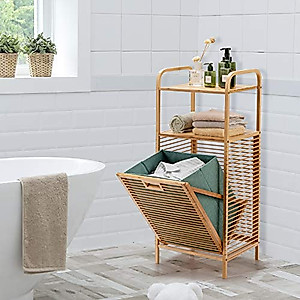 RELAX4LIFE Laundry Hamper Bamboo W/ Removable Liner, 2-Tier Shelves Tilt-out Design Space-Saving Laundry Hamper Basket for Bathroom, Living Room,Bedroom, Natural +Green