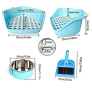 kathson Bunny Potty Trainer Corner Pan Rabbit Toilet Guinea Pig Litter Box with 2 Pack Pet Removable Hanging Crate Bowls for Small Animal