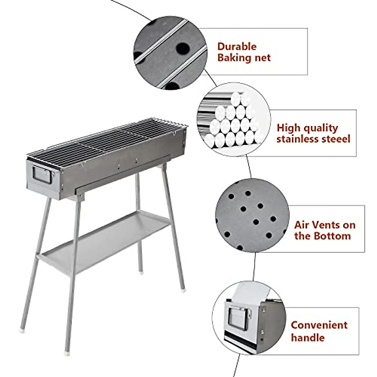 Portable Charcoal Grill - Stainless Steel BBQ Grill with Foldable Stand Adjustable Air Vents, Lamb Skewer Camping Barbecue Grill, Ideal for Outdoor BBQ, Picnic, Camping Backyard Party (31.6x7.1inch)