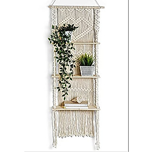 KALTEK Macrame Wall Hanging Shelf - 3 Tier Wall Shelves with Handmade Woven Macrame Rope - Boho Shelves Organizer Hanger for Kitchen, Bathroom, Home Storage, Floating Indoor Plant Wall Shelf