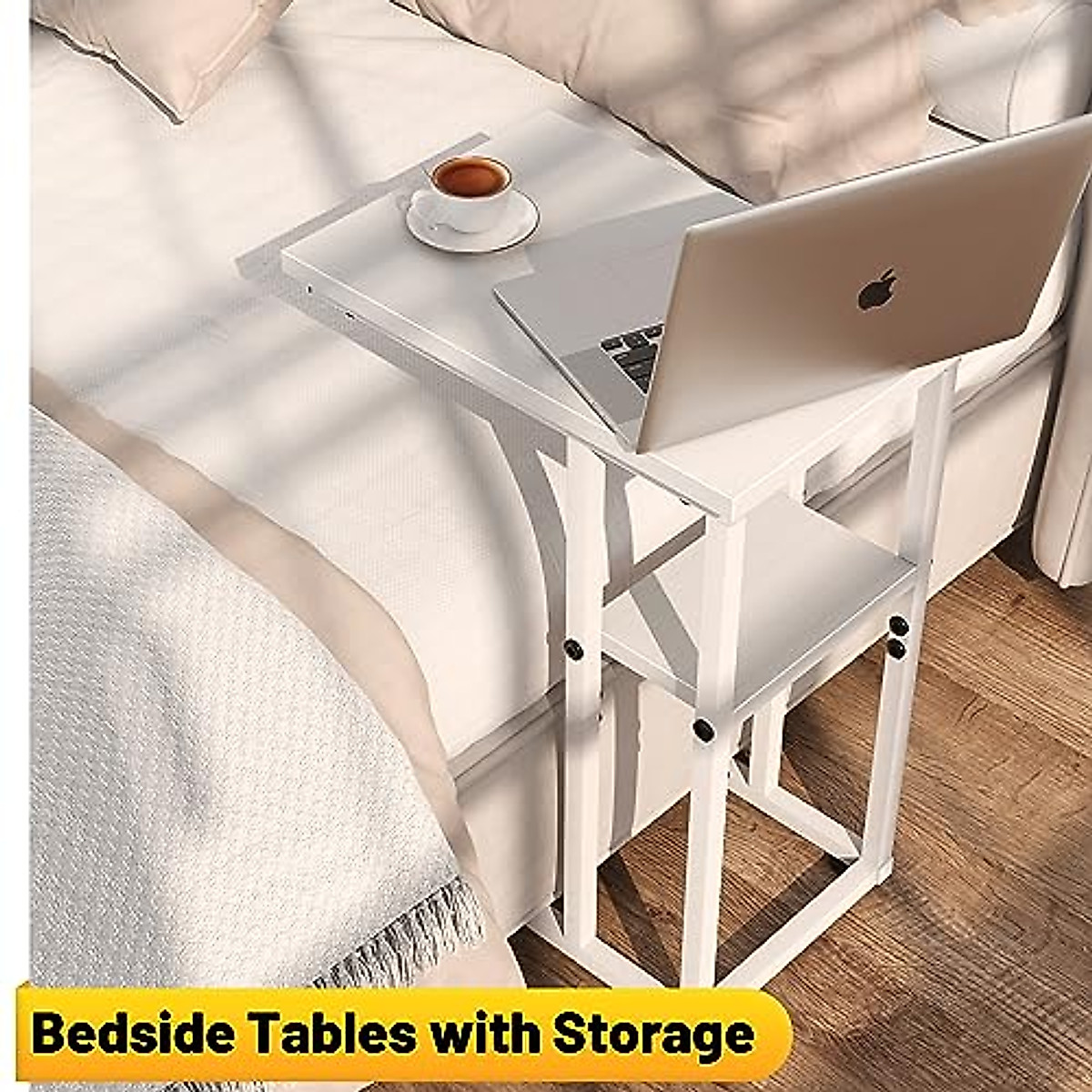 2 Tier C Shaped End Table with Metal Frame, Sturdy C Table Side Table for Couch Sofa Bedside Small Space, C Snack Table TV Tray Record Player Stand Small Tables for Living Room Bedroom, White
