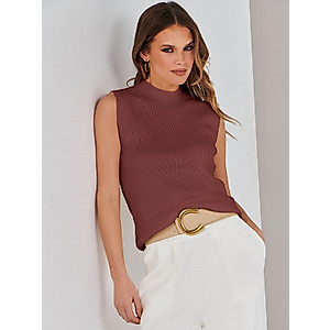 ANRABESS Womens Summer Sleeveless Tops Casual Mock Neck Loose Fit Knit Lightweight Sweater Pullover Top Maroon-XL