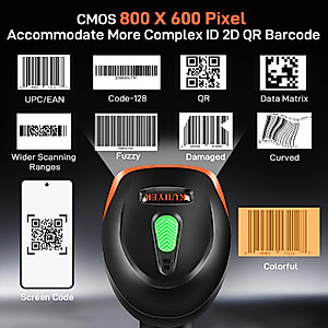 KUIIYER Bluetooth Barcode Scanner, Wireless 2D QR 1D Bar Code Scanners Handheld Barcode Reader with Updated 800 X 600 Pixel CMOS, Plug & Play for Warehouse, Library, Supermarket, Square POS System
