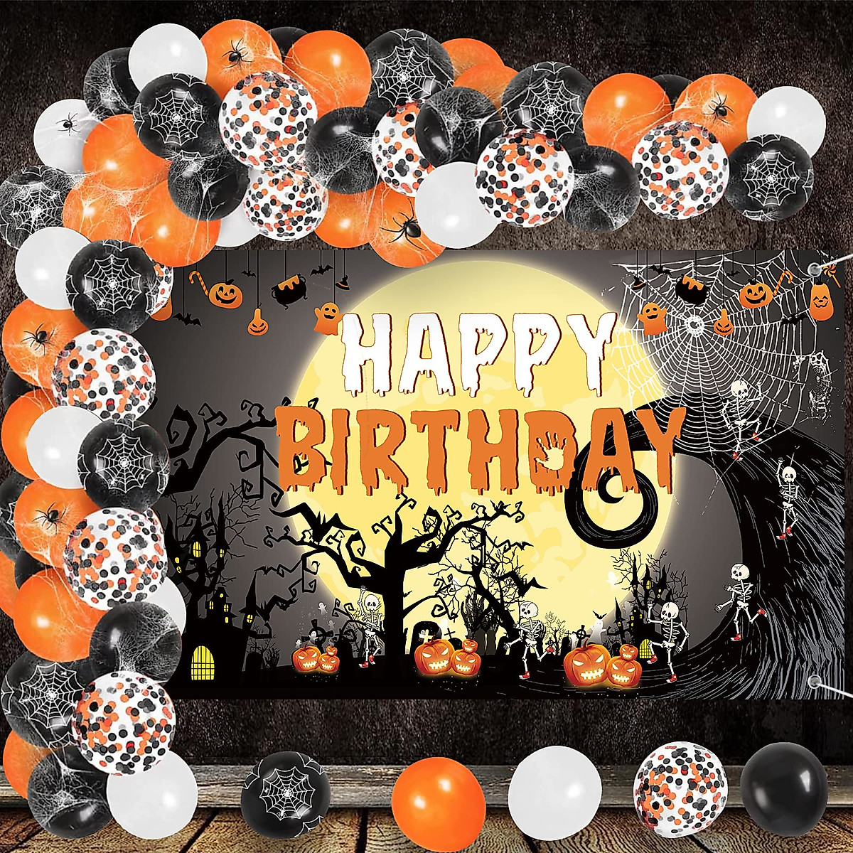 Famoby Happy Birthday Halloween Fabric Sign Poster Banner Backdrop Metallic Shiny Latex Balloons for Halloween Photo Booth Background Party Decorations Supplies