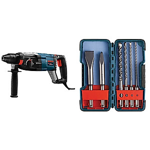 BOSCH GBH2-28L 1-1/8" SDS-plus Bulldog Xtreme Max Rotary Hammer and 6 Piece SDS-plus Masonry Trade Bit Set, Chisels and Carbide, HCST006