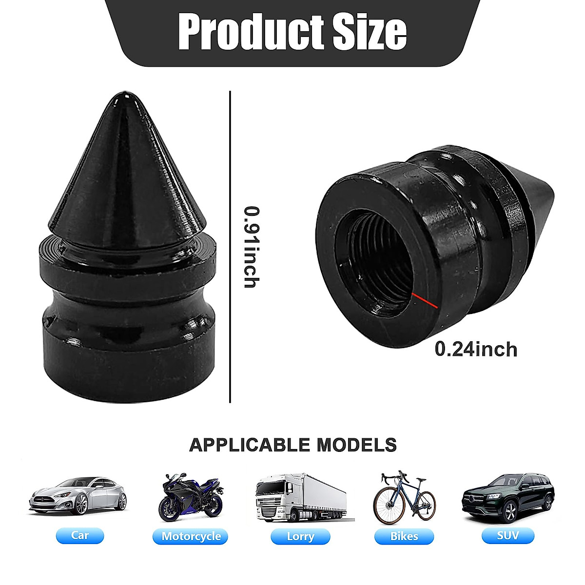 Ziciner 4 PCS Car Tire Valve Caps, Spiked Aluminum Alloy Tire Trim Accessories, Dustproof Tire Wheel Stem Covers, Universal Air Stem Cap for Auto, Trucks, SUVs, Bicycles and Motorcycles (Black)