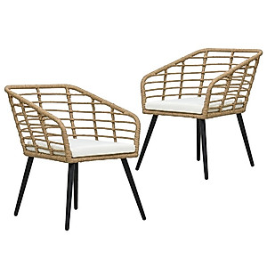 vidaXL Patio Chairs Set - 2 pcs Poly Rattan with Cushions, Oak - Outdoor Bistro Furniture with Rustic Charm, Ergonomic Design, and Weather Resistance