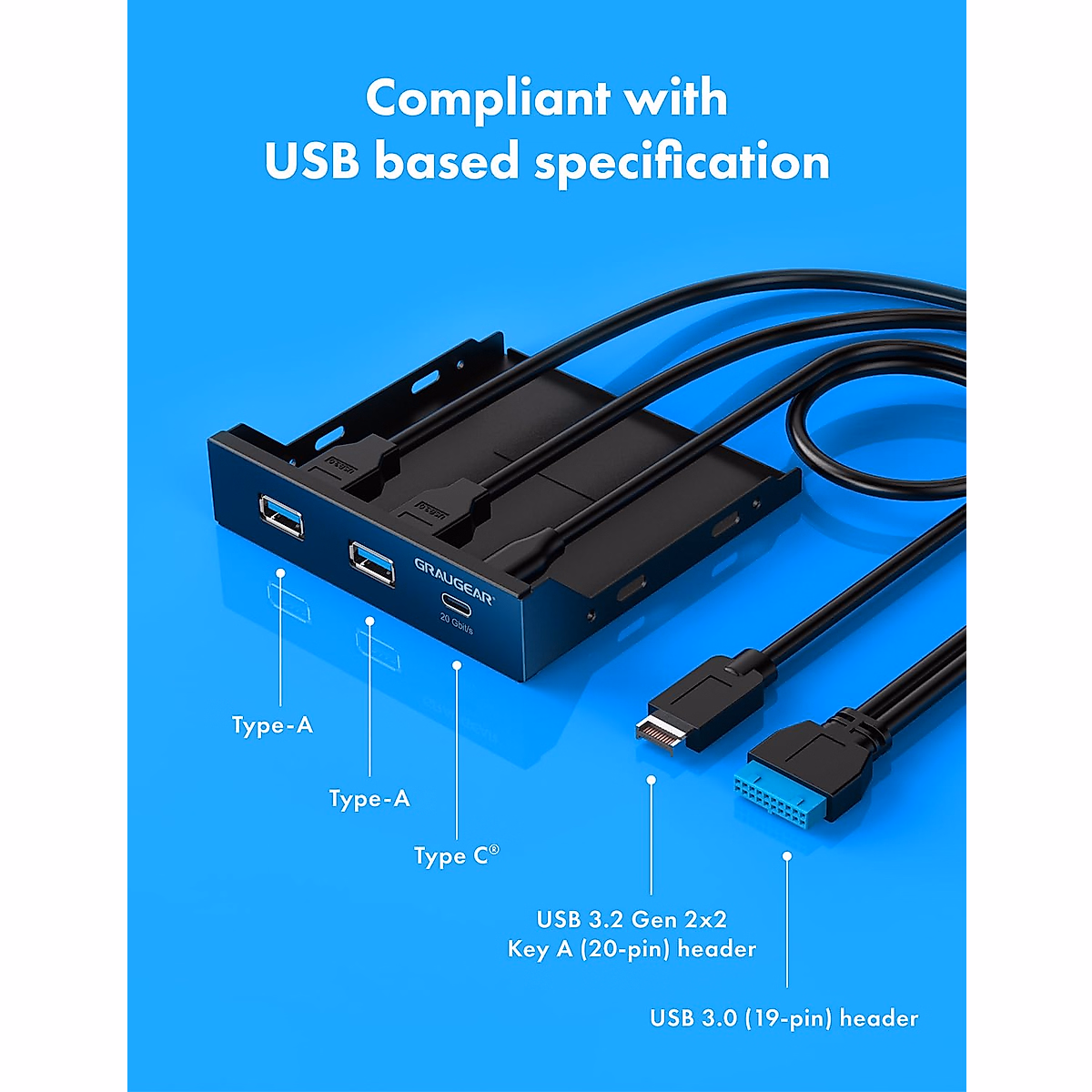 GRAUGEAR 3.5 Inch Front Panel USB Hub, Internal USB Hub with 20Gbps USB3.2 Gen2 USB-C and USB 3.0 Ports, USB3.2 Type-E Key-A 20-Pin Header & USB3.0 Header Required, Fits 3.5" PC Computer Case [G-MP01]