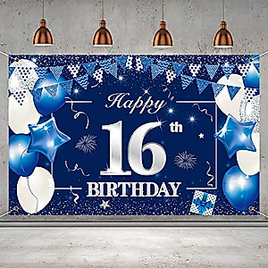 P.G Collin Happy 16th Birthday Banner Backdrop Sign Background, 16 Birthday Party Decorations Supplies for Boys Girls 6 x 4ft Blue Silver