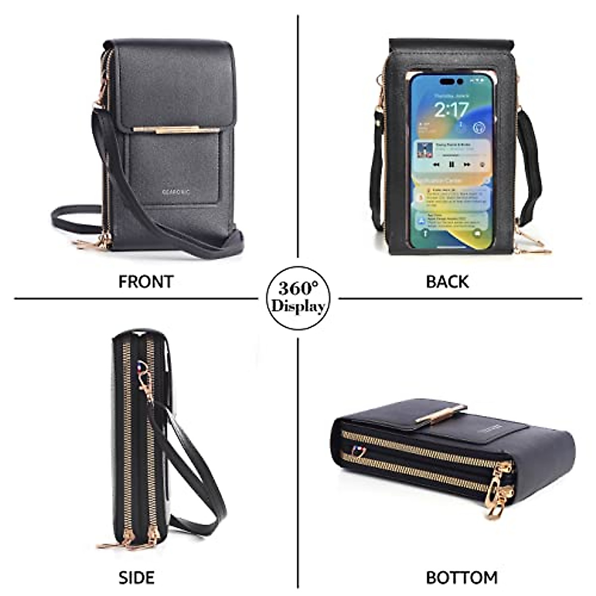 GEARONIC Small Crossbody Bags for Women, Small Cell Phone Purse, Handbags Wallet with Credit Card Slots, Leather Phone Wallet with Strap, Phone Purse Crossbody for Women with Transparent Window-Black