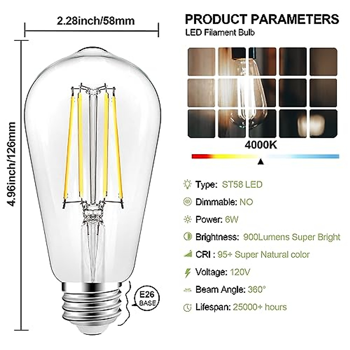 WIHTU Vintage LED Edison Bulbs, 6W Equivalent 60W, ST58 Antique LED Filament Bulbs, LED Light Bulbs with 95+ CRI, High Brightness Daylight 4000K, 900lumens, E26 Medium Base, Clear Glass, 6-Pack