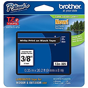 Genuine Brother 3/8" (9mm) White on Black TZe P-Touch Tape for Brother PT-1290, PT1290 Label Maker