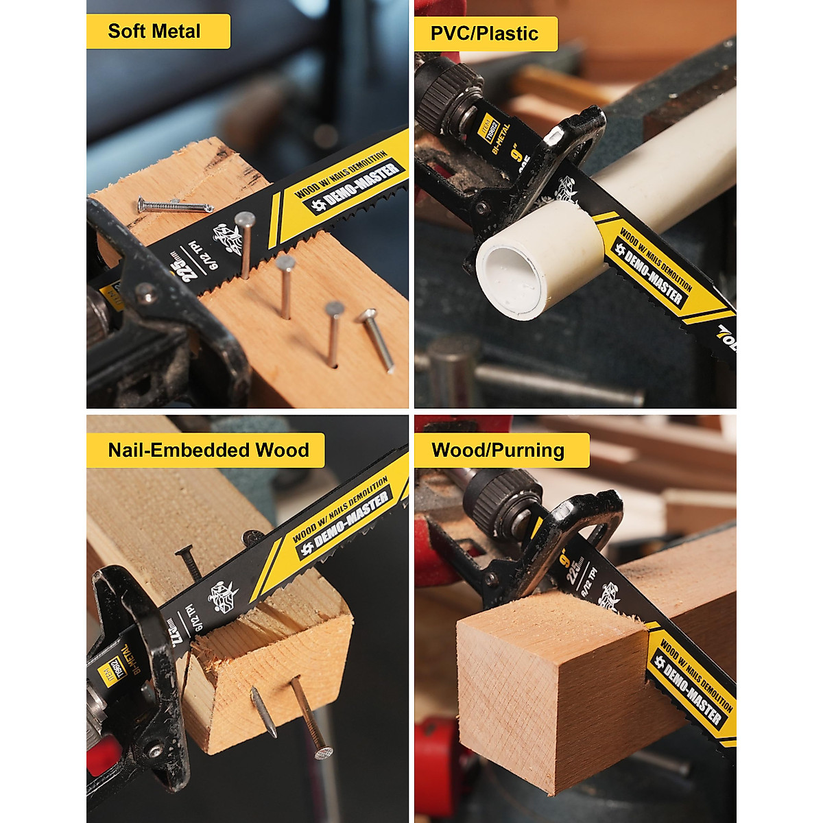 TOLESA 9 Inch 6/12 TPI Reciprocating Saw Blades for Wood and Nail-Embedded Wood Demolition, 5 Pack Bi-Metal Reciprocating Saw Blade for Fast & Smooth Cutting