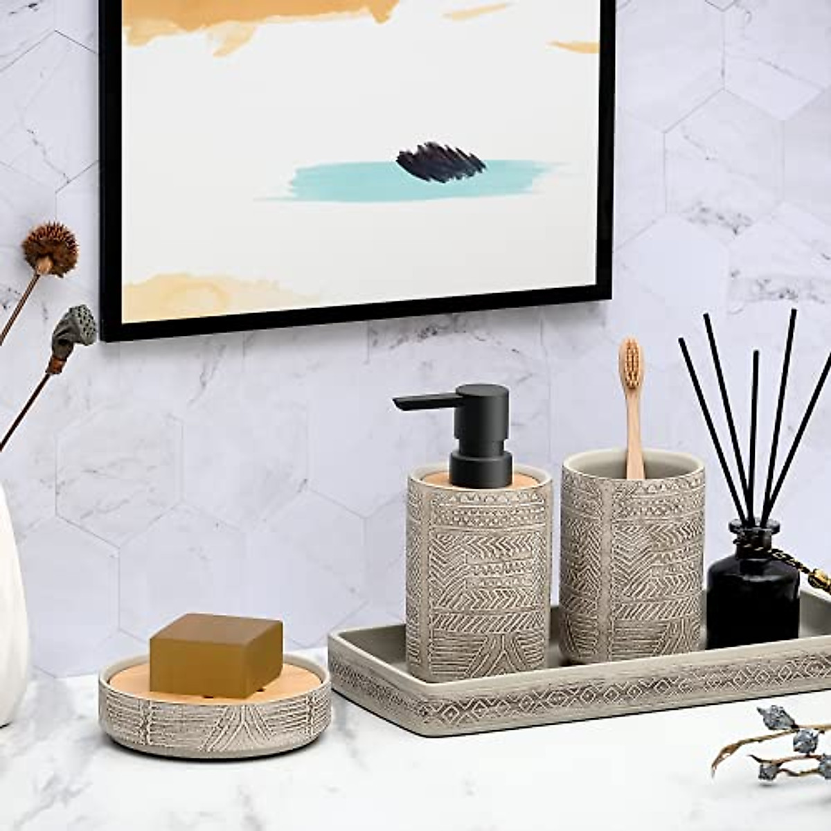 Grey Bathroom Accessories Set, Includes Ceramic Bathroom Soap Dispenser, Toothbrush Holder, Soap Dish and Concete Tray
