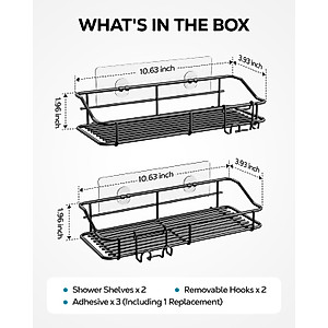 Nieifi Shower Caddy Shelf with Hooks Storage Rack Organizer Adhesive Stainless Steel Without Drilling for Bathroom, Lavatory, Washroom, Restroom, Shower, Toilet, Kitchen - 2 Pack (Black)