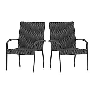 Flash Furniture Maxim Wicker Indoor/Outdoor Dining Chairs with Arms - Gray Wicker Wrapped Steel Frames - Fade & Weather Resistant-For Deck or Backyard - Set of 2