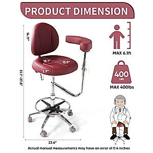Viviange Ergonomic Dental Saddle Stool - Adjustable Rolling Dentist Chair with Back Support for Hygienists, Assistants - Medical Office & Salon Use -Red