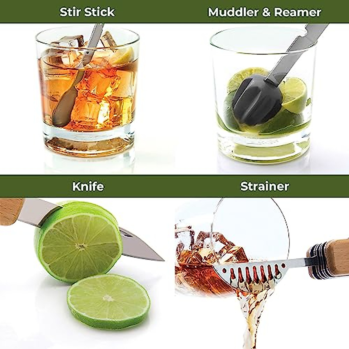 GAM Mixology Bartender Personalized Cocktail Multi Tool Silver Wood Bar Tools Engraved Set for Drink Mixing - Bar Tools: Corkscrew, Jigger, Strainer, Bar Mixer Spoon, Tongs, Opener Bartender Gift Idea